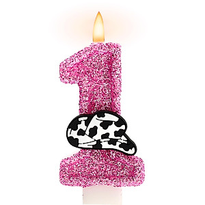 JarThenaAMCS Hot Pink Cowgirl Glitter Candle Holy Cow Im One Birthday Decoration Number 1 Cake Topper for Girls First 1st Birthday Party Supplies