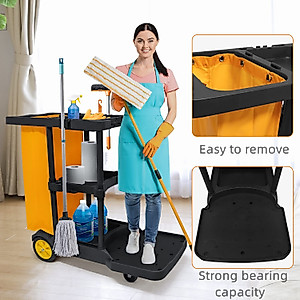 tonchean Commercial Janitorial Cart 3 Shelf Housekeeping Cleaning Cart, Large Capacity Utility Clean Trolley with Wheels and 25 Gallon Vinyl Bag 44.5”L x 22”W x 36.6”H, Black