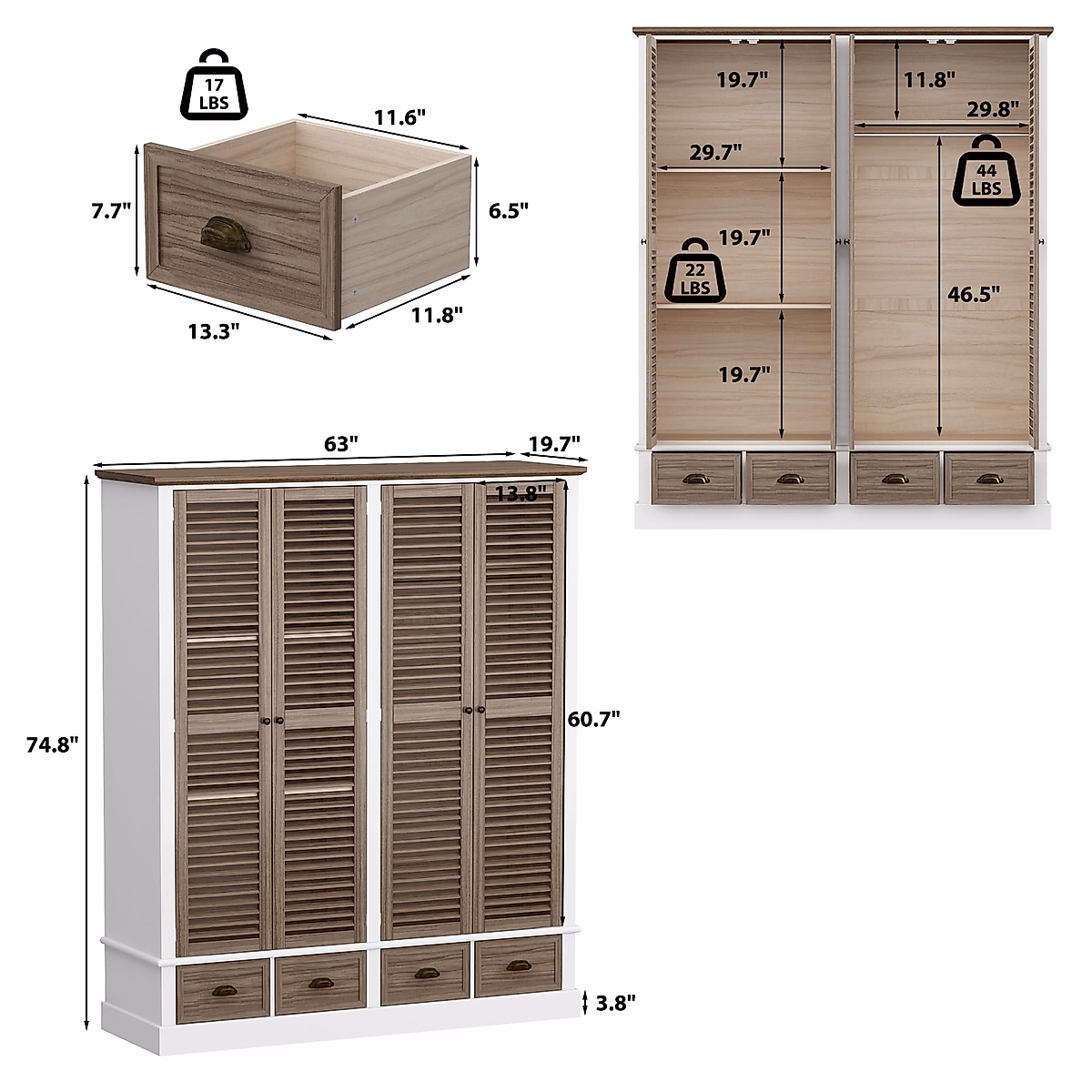 ECACAD 4 Doors Wardrobe Armoire with Louver Doors, Storage Shelves, 4 Drawers & Hanging Rod, Wooden Closet Storage Cabinet for Bedroom, Brown & White (63”W x 19.7”D x 74.8”H)
