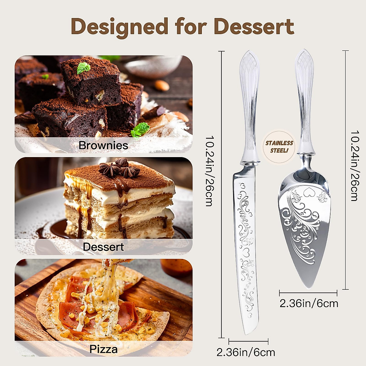 KSENDALO Cake Knife and Server Set - Deluxy SUS304 Stainless Steel Cutter & Server for Weddings, Celebrations, Birthdays & Anniversaries(13.78inch Long), Silver