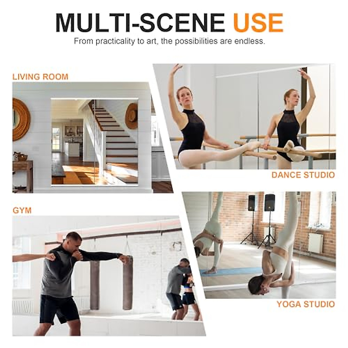 Home Gym Mirror, Large Full Body Mirror for Yoga, Fitness, 48''x24''x2PCS, Glass Frameless Mirror for Wall Mounted, Wall Mirror for Home Gym, Garage, Bedroom, Bathroom (White - 48'' x 24'' - 2PCS)