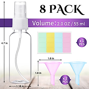 Mandydov 8 Pack Clear Empty Mini Little Spray Bottles, Fine Mist 2oz / 55ml Refillable Pocket Size Sprayer Plastic Mini Travel Bottle Set Makeup Bottles with 2Pcs Funnels and 4 Color Labels