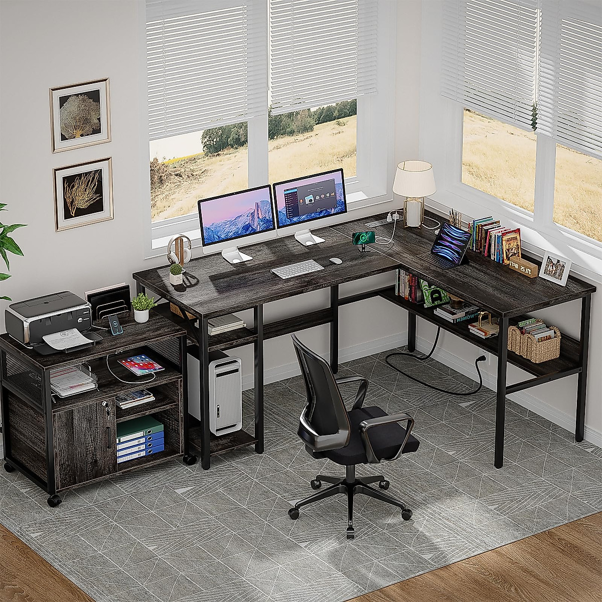 Unikito Reversible L Shaped Desk with Magic Power Outlets and USB Charging Ports, Sturdy Corner Computer Desk with Storage Shelves, Gaming Desk for Home Office, Easy to Assemble, Black Oak