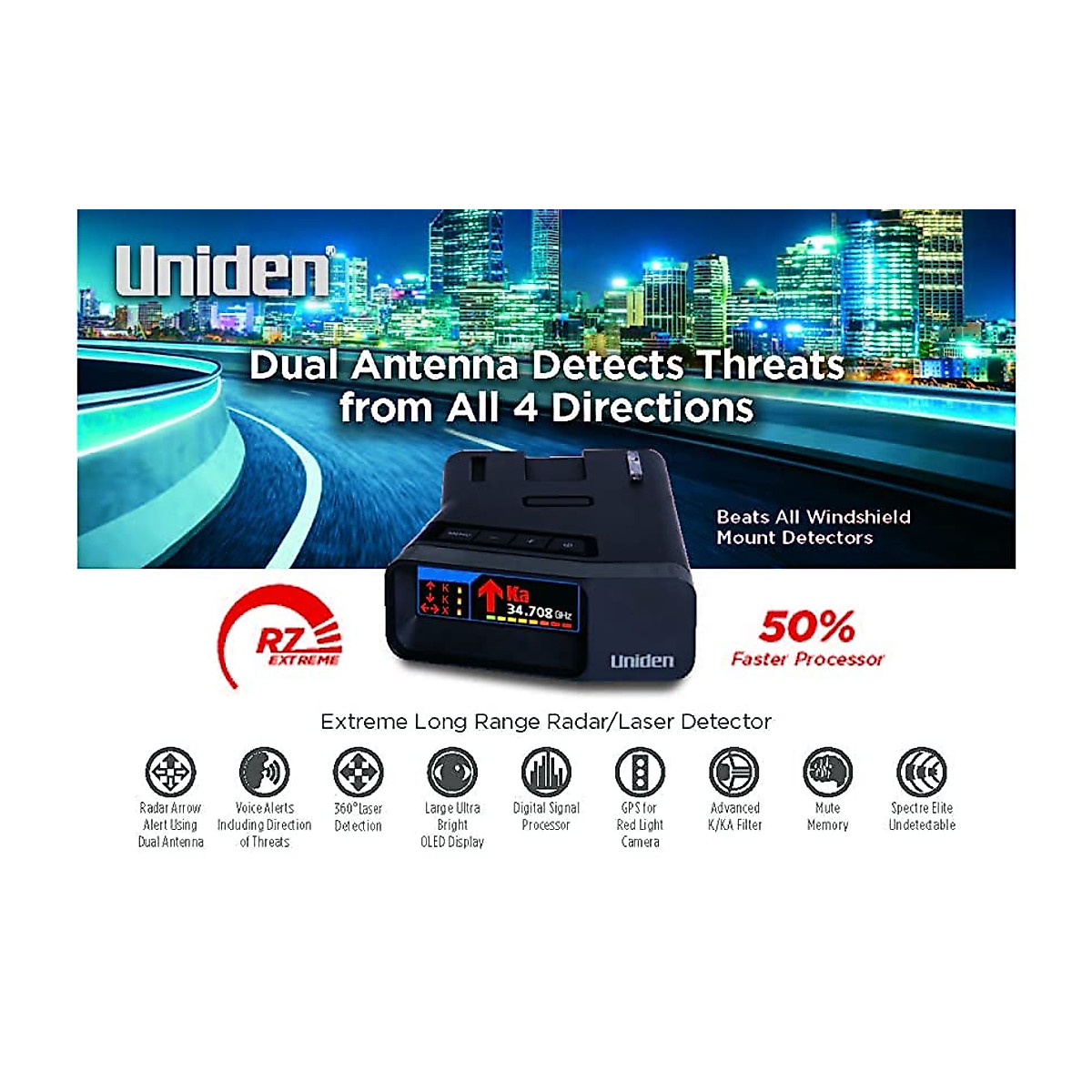 Uniden R7 Extreme Long Range Laser/Radar Detector and Scosche 1080p Dash Cam Bundle. Radar w/Built-in GPS, Real-Time Alerts, Dual Antennas, Front/Rear & Directional Arrows, Red Light Camera Alerts