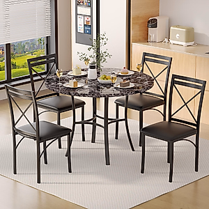 VECELO 36" Round Dining Table for 4, Faux Marble Dinette with Metal Frame for Kitchen, Apartment, Home, Space-Saving, Grey