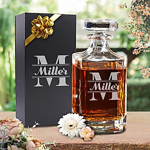 The Wedding Party Store Custom Personalized 26 oz Glass Whiskey Decanter with Lid and Stopper - Engraved with Name (Original Design)