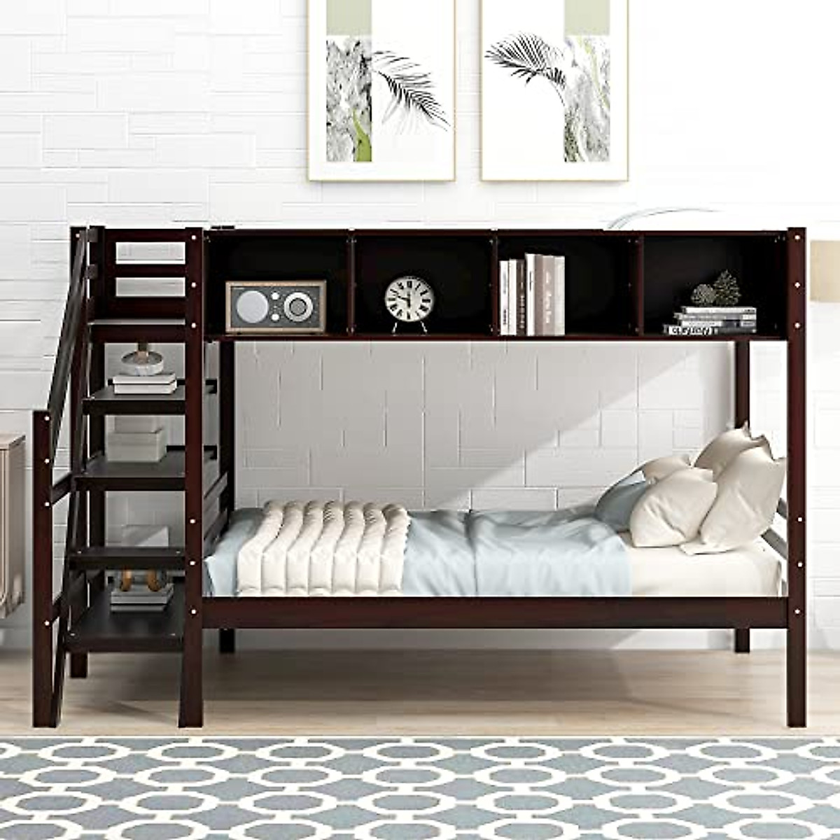 DEYOBED Twin Over Full Wooden Bunk Bed with Storage Staircase and Cabinets for Kids Teens