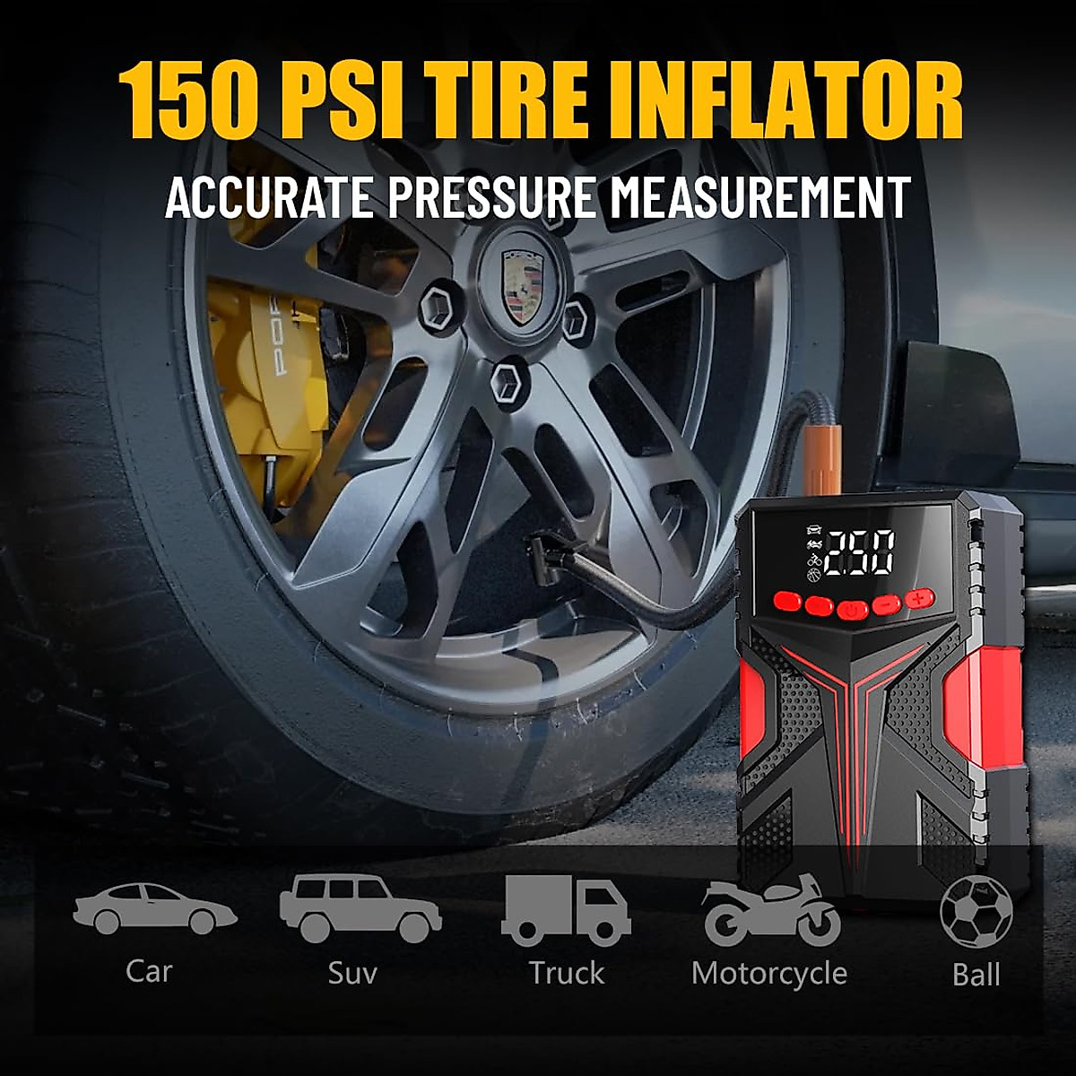 Lorinpow Car Jumper Starter Portable with 150PSI Air Compressor, Tire Inflator 3000A Battery Charger for 10.0L Gas/8.0L Diesel, Jump Box Pack with Storage Case and Jumper Cable