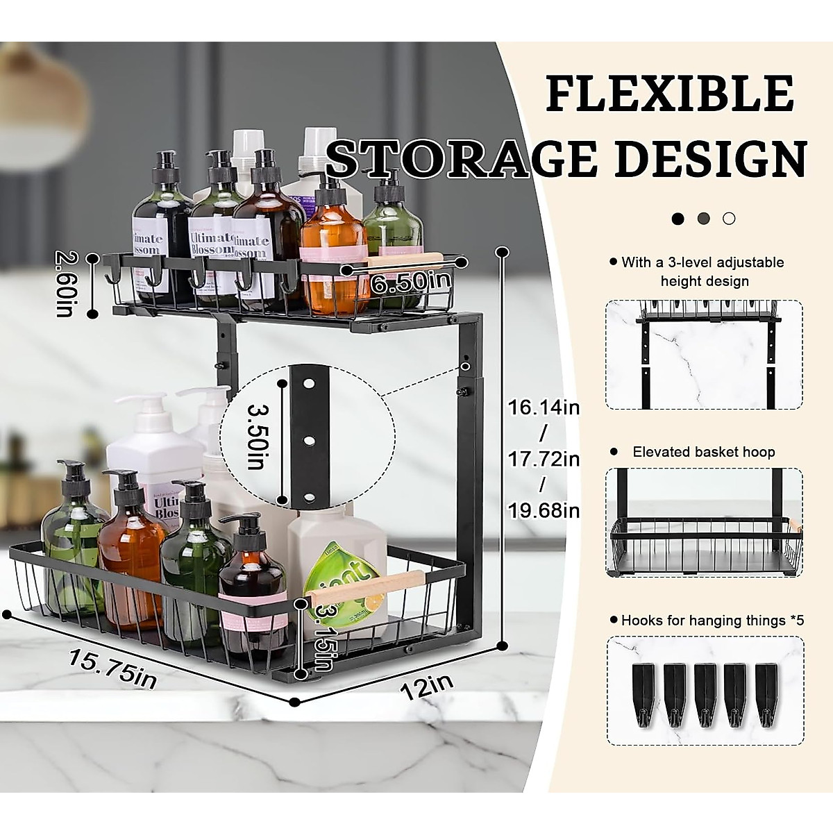 AT1nTen 2 Pack Under Sink Organizer, Sliding Cabinet Basket Organizer 2 Tier Under Bathroom Storage Rack with Hooks, Hanging Cup, Dividers, Multi-purpose Storage Shelf for Bathroom Kitchen, Black