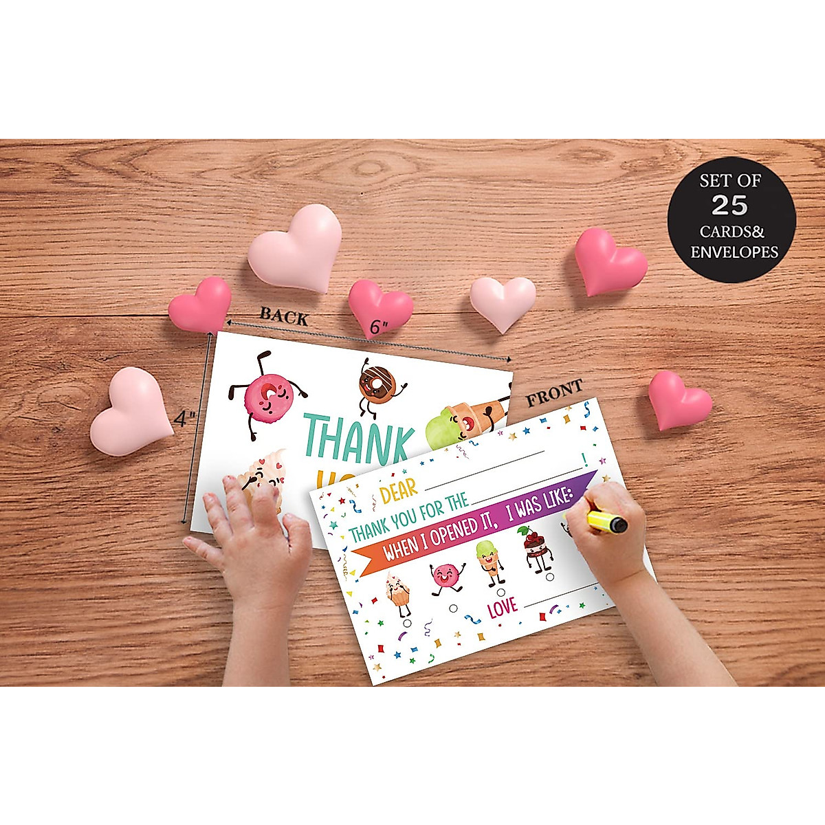 QOFO Ice Cream Fill in the Blank Thank You Cards,Donut Thank You Card,Gender Neutral Thank You Notes,For Boys Birthday Party,Event,or Holiday Use,Thank You Notes with Envelopes Set of 25-GXK14