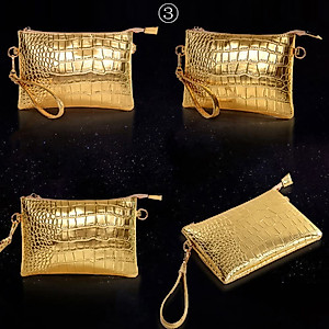 Downupdown Women Handbags and Purses Set Crocodile Pattern Tote Bags Top Handle Handbags Wristlets Wallet Shoulder Bag Satchel 3 Pcs with Shoulder Strap-Gold