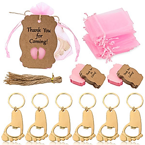 Whaline 50 Pieces Footprint Bottle Opener with Pink Organza Bags and Thank You Tags Pink Footprint Keychain Opener Baby Shower Favors for Guests Baby Birthday Party Favor Wedding Gift Decoration