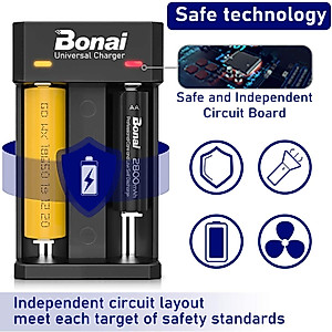 BONAI Battery Charger for 1.2V Ni-MH Ni-Cd AA AAA C D Rechargeable Batteries, All Types of 3.7V Lithium Batteries - 2 Slots USB Charger