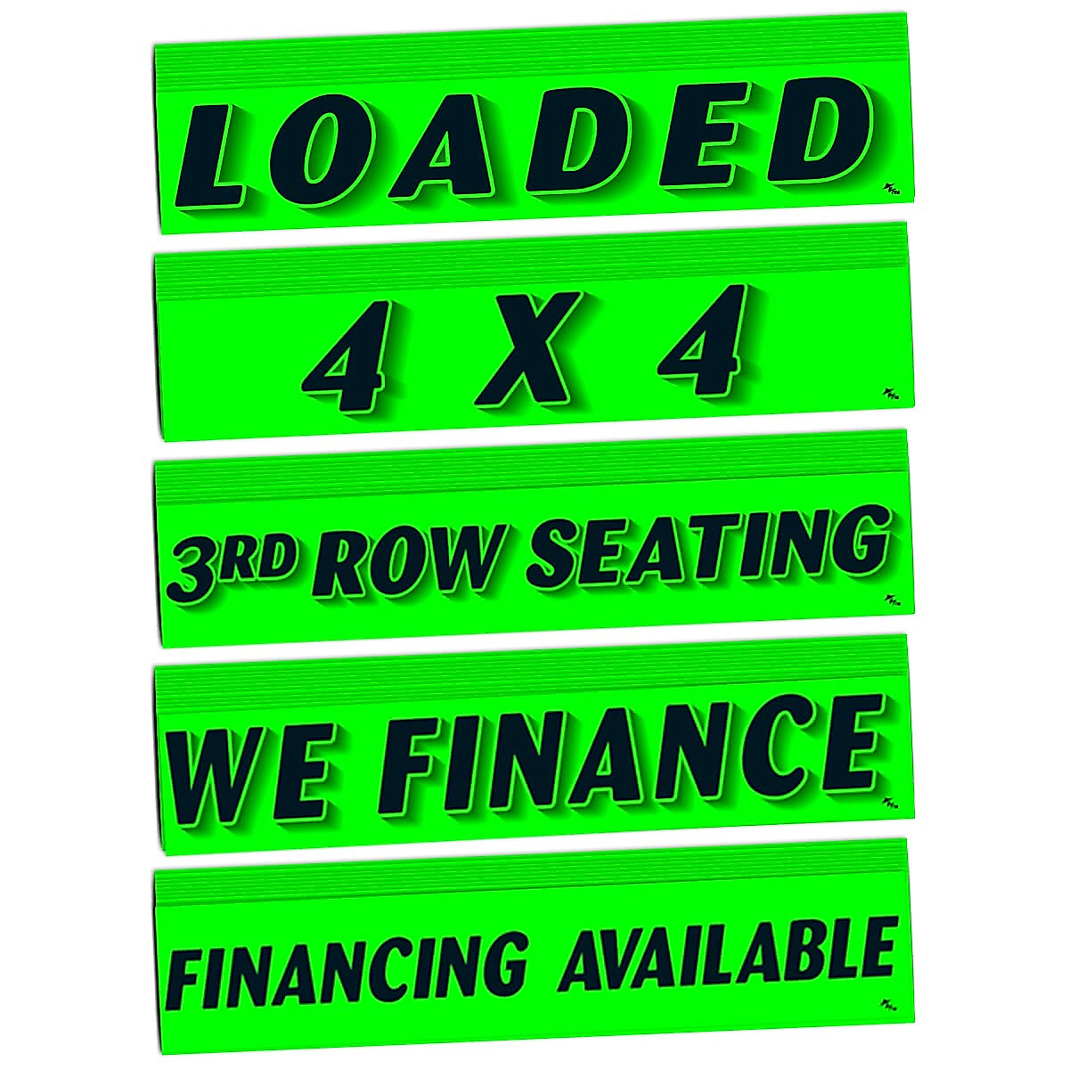 Versa Tags Windshield Slogan Stickers 12 Pack Each of Loaded, 4X4, 3RD Row Seating, WE Finance, FINANCING Available (60) Window Stickers Total Dealership Stickers Black On Green