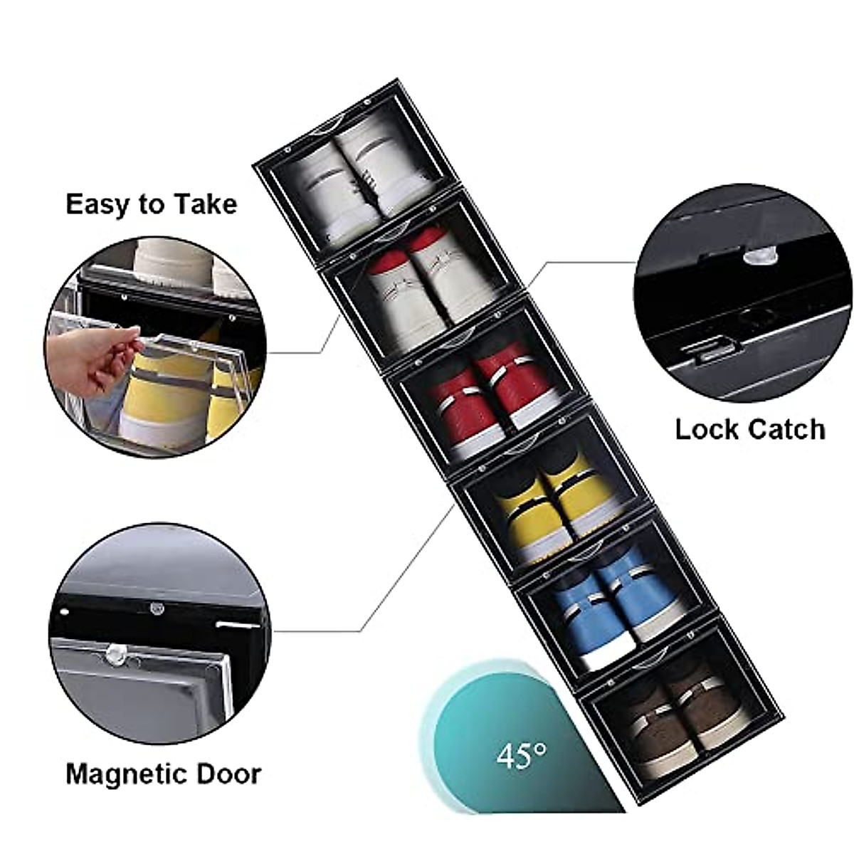 WANHUX Front Shoe Box, Set of 6, Stackable Plastic Shoe Box with Clear Door, as Shoe Box and Clear Shoe Box for Displaying Sneakers, Easy to Assemble, Fits US Size 12 (13.6x 10.6x 6.7 inches)