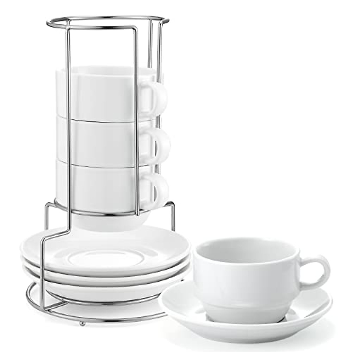 Yedio Porcelain 4 oz Espresso Coffee Cups with Saucers and Metal Stand, Porcelain White Stackable Cappuccino Cups Set of 4