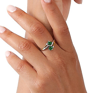 Gem Stone King 1.02 Ct Green Nano Emerald 925 Silver and 10K Yellow Gold Lab Grown Diamond 2 Heart Promise Couple Engagement Mother Ring (Size 9)