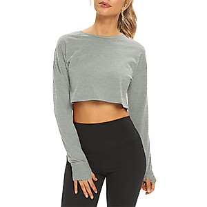 Mippo Long Sleeve Workout Top Crop Shirts Athletic Gym Active Wear Loose Cropped Sweaters Oversized Tshirts Midriff Tops Baggy Clothes for Women to Wear with Leggings Light Heather Gray L