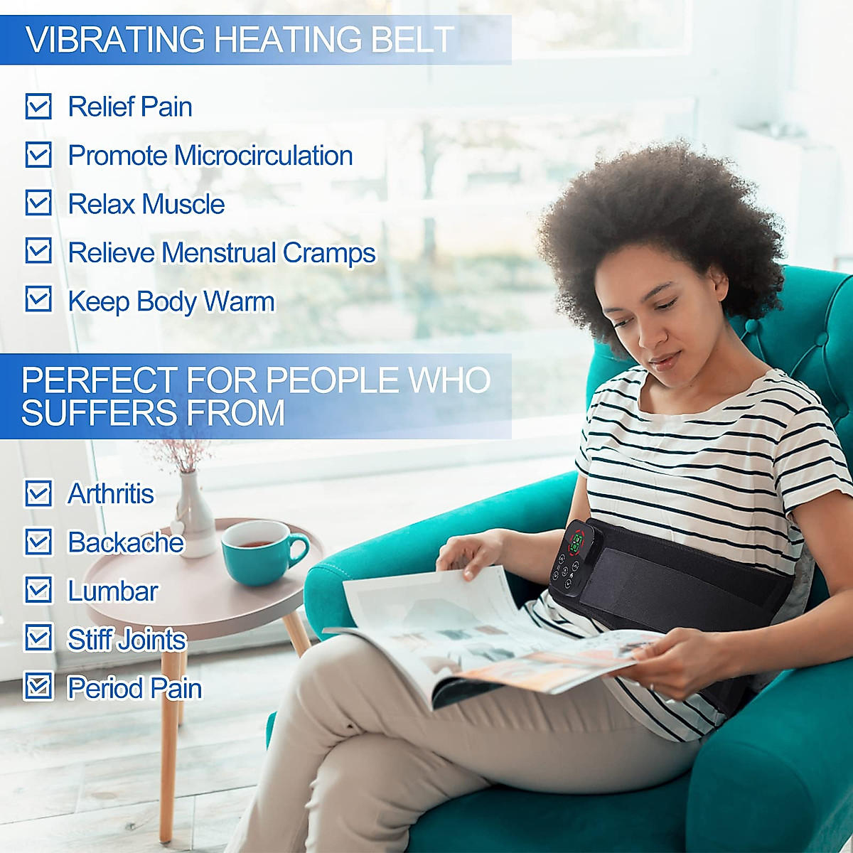 TUOYR Heating Belt for Back Pain Relief with Massager Cordless Portable Heating Therapy Pad for Cramps Vibration Massage Heat Belly Wrap for Lumbar with USB Rechargeable Removable Power Supply