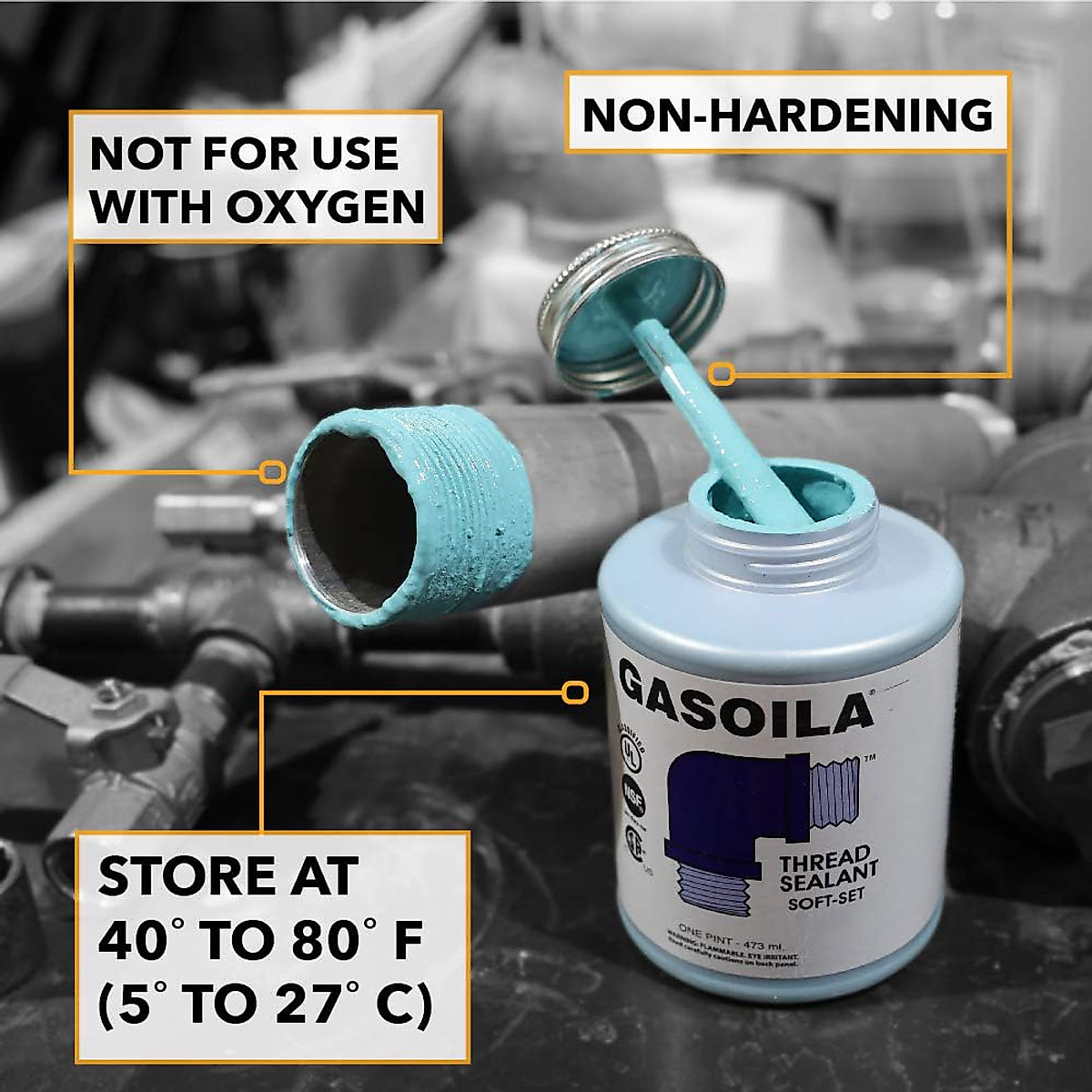 Gasoila - SS04 Soft-Set Pipe Thread Sealant with PTFE Paste, Non Hardening, -100 to 600 Degree F, 1/4 Pint Brush