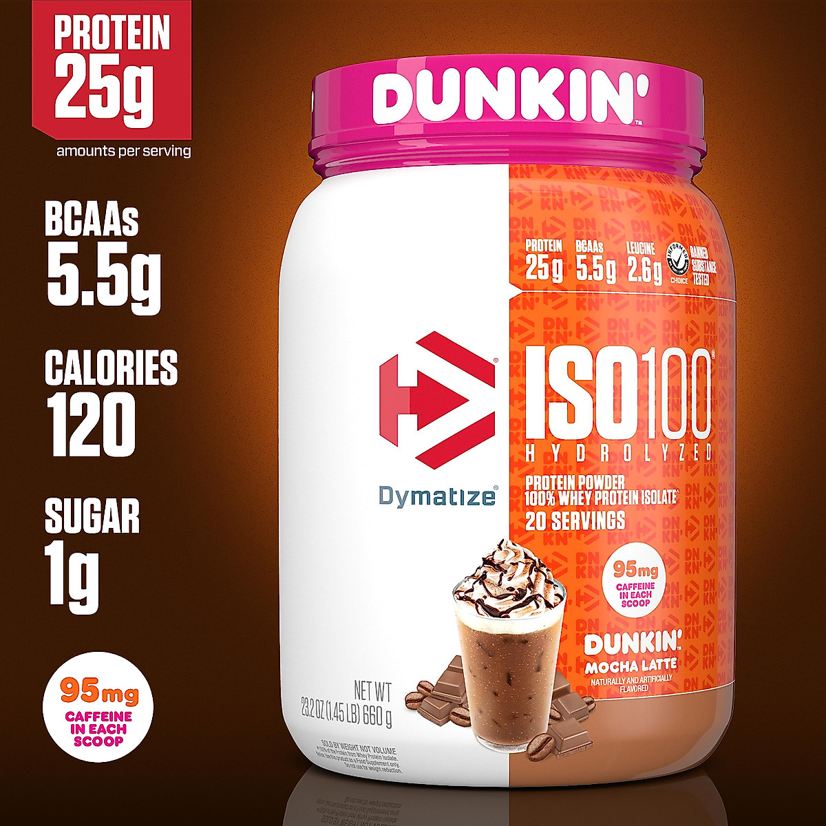 Dymatize ISO100 Hydrolyzed Protein Powder in Dunkin' Mocha Latte Flavor, 100% Whey Isolate, 25g Protein, 95mg Caffeine, 5.5g BCAAs, Gluten Free, Fast Absorbing, Easy Digesting, 20 Servings