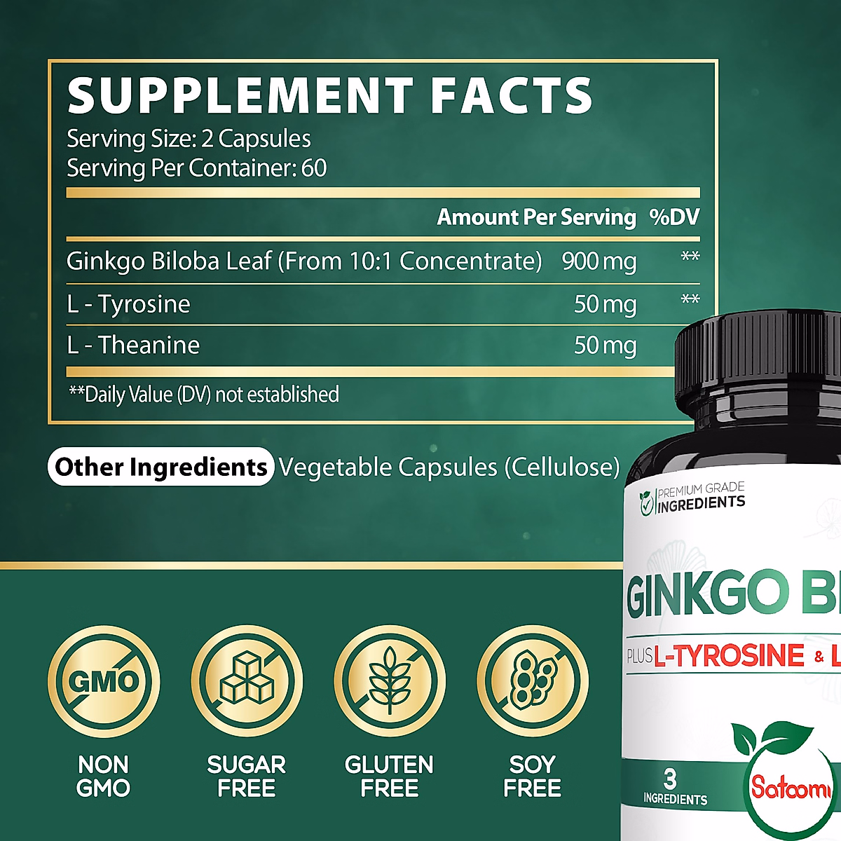 1000mg Ginkgo Biloba Supplements with L-Tyrosine, L-Theanine - 120 Capsules for 2-Month Supply - Support Focus, Mermory Function, Brain Health & Vision Quality