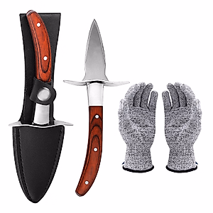 WENDOM Oyster Shucking Knife Pakka Wood Handle Oyster Shucker Opener Tool with Full Tang Blade, 2Knives+ Leather Sheath+Cut Resistant Gloves