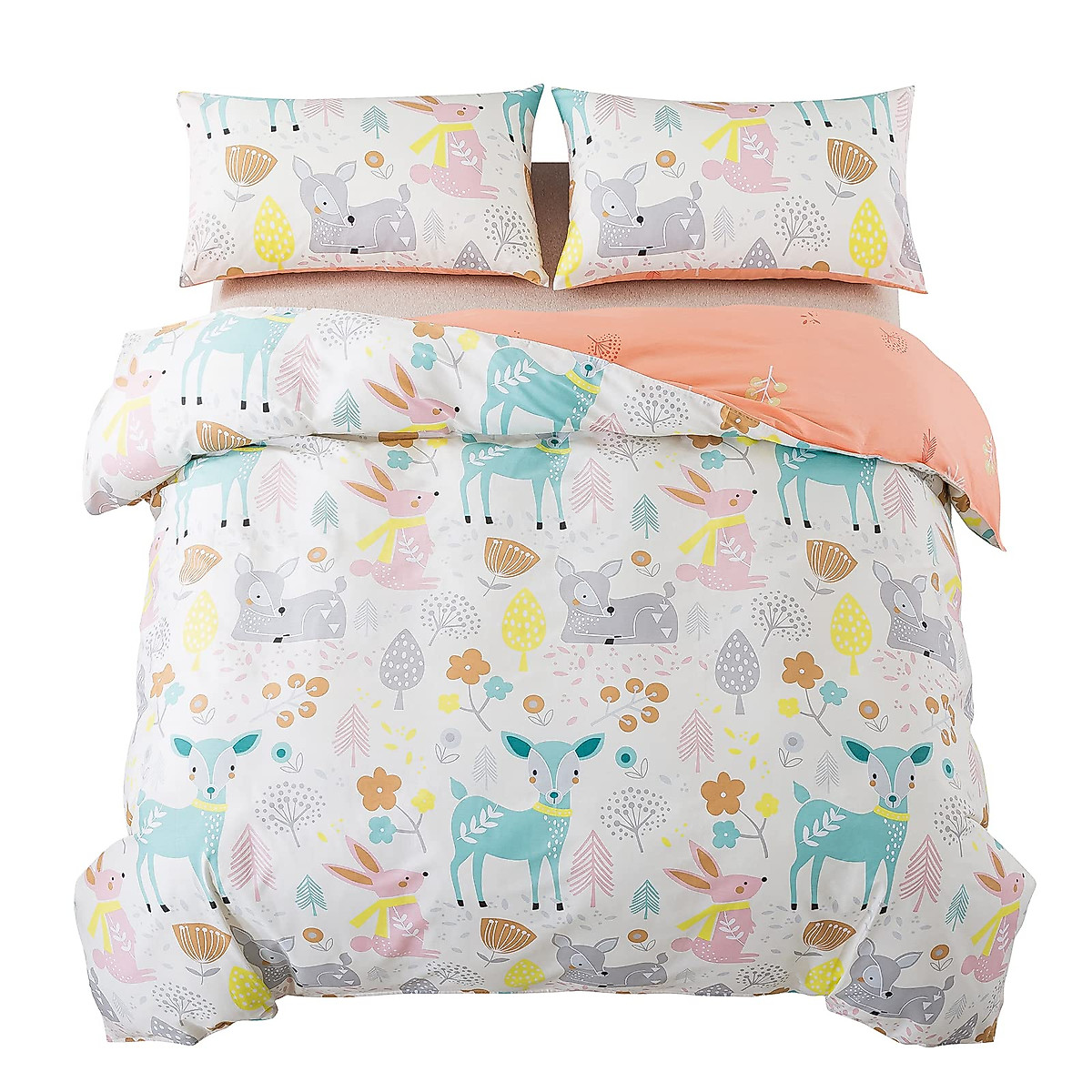 Cliab Woodland Creatures Bedding Twin for Kids Girls Baby Pink Cute Animals Print Rabbit Dear Reversible Bed Set 100% Cotton Duvet Cover Set Zipper Closure Corner Ties 2 Pieces