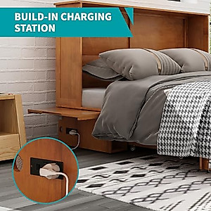 BALUS Cabinet Bed with Queen Size Mattress, Modern Murphy Bed with USB Charging Station, Foldable Tray Tables, Storage Drawer - Cherry Red