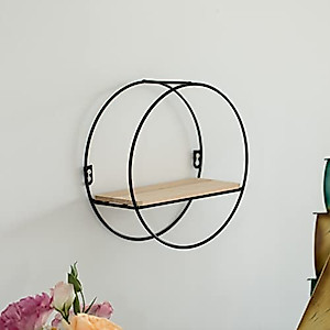 Decorative Modern Round Accent Floating Shelf Circle Decor Display Wall Mounted Rack with Metal Frame and Pine Wood Shelf, Black