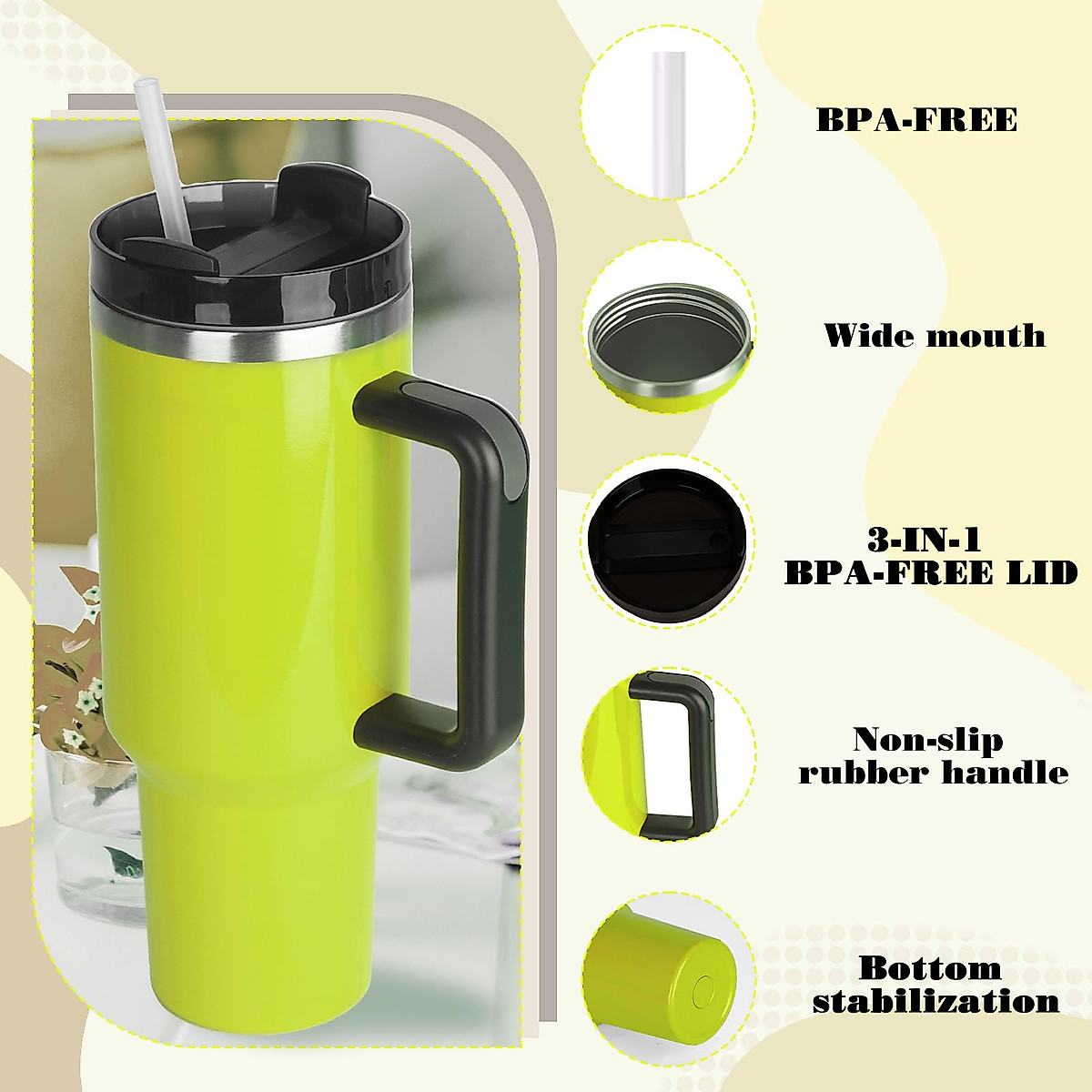 HIZEE Insulated 40oz Sublimation Tumbler with Handle&Straw &Lid - Cupholder Friendly Travel Mug - Insulated Stainless Steel Double Wall Spill Proof Water Bottle - Gifts for Women Men Him Her （yellow ）