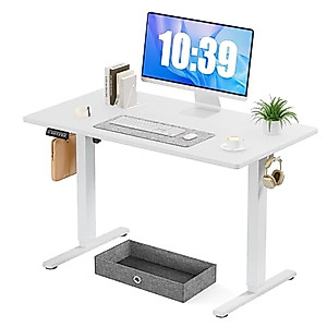 DUMOS Adjustable Height Electric Standing Desk with Drawer,40 x 24 in Ergonomic Computer Table with Splicing Board, Wire Hole and Hook for Workstation for Home, Office, White
