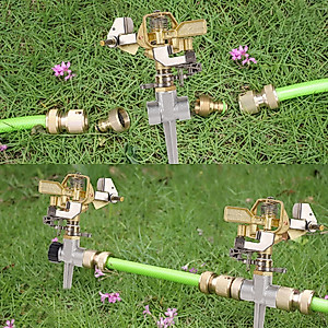 Biswing 2 Pack Brass Impact Sprinklers with Stand (Spike), Heavy Duty Lawn Head on Zinc Alloy Spike Base, Adjustable Watering Sprinkler for Large Area Grass Yards Patio Garden Irrigation