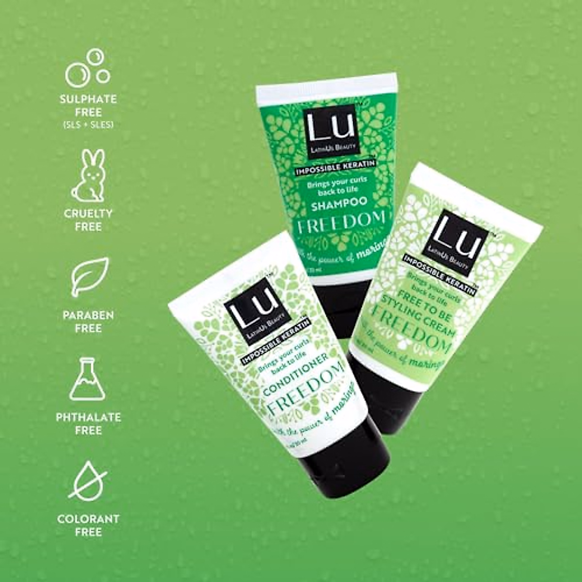 LATINUS BEAUTY FREEDOM Travel Size Collection: Impossible Keratin Anti-Frizz Shampoo + Conditioner + Styling Cream for Curly, Wavy Hair (1 oz bottles)