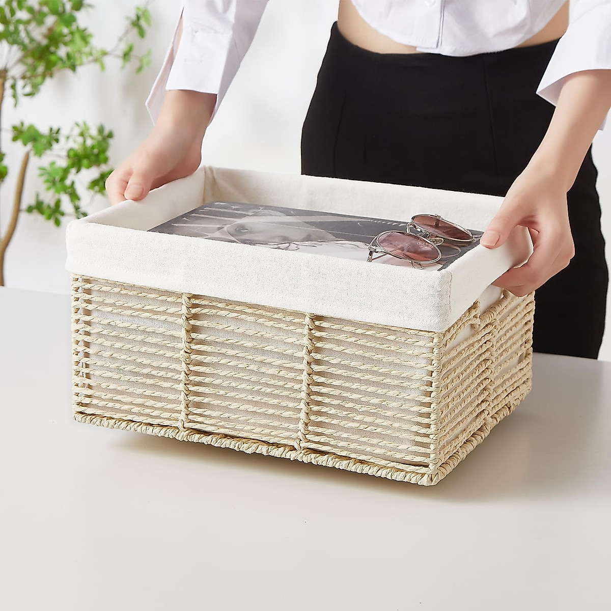 Vagusicc Wicker Storage Basket, 6 Pack Baskets for Organizing, Wicker Baskets with Handle, Rectangular Wicker Baskets for Storage Shelves, Cube Storage Bins for Closet/Clothes/Dresser, Beige