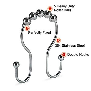 Shower Curtain Hooks, Goowin Shower Curtain Rings, Rust-Resistant Metal Double Glide Black Shower Curtain Hooks for Curtain, Shower Curtain & Liner, Set of 12 (Chrome)