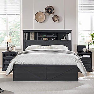 ACCOHOHO Farmhouse Full Size Wood Bed Frame with 52" Tall Storage Headboard and 4 Drawers,LED Light,Charging Station,Solid Wood Slats Support,Noiseless,No Box Spring Needed,Black