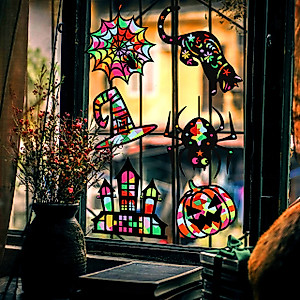 Outus 12 Pieces Halloween Stained Glass Effect Paper Double-Sided Black Suncatcher Kit Pumpkin Suncatchers Craft with 30 Pieces Colored Paper for Window Classroom Art Craft Party Favors, 6 Styles