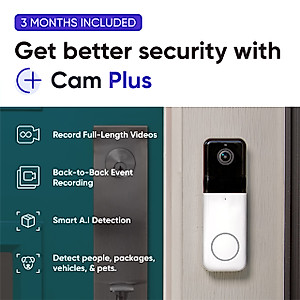 Wyze Wireless Video Doorbell Pro (Chime Included), 1440 HD Video, 1:1 Aspect Ratio: 1:1 Head-to-Toe View, 2-Way Audio, Night Vision with Wyze Cam Plus 3 Month Subscription