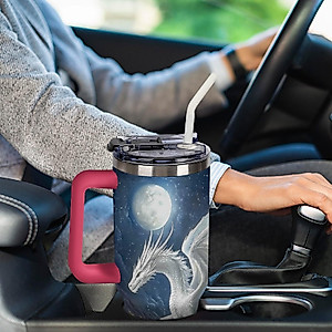 White Dragon Soaring Moon Moonlight 40oz Water Bottle Double Wall Insulated Tumbler with Handle Leakproof Travel Mug Light Rose Red-style