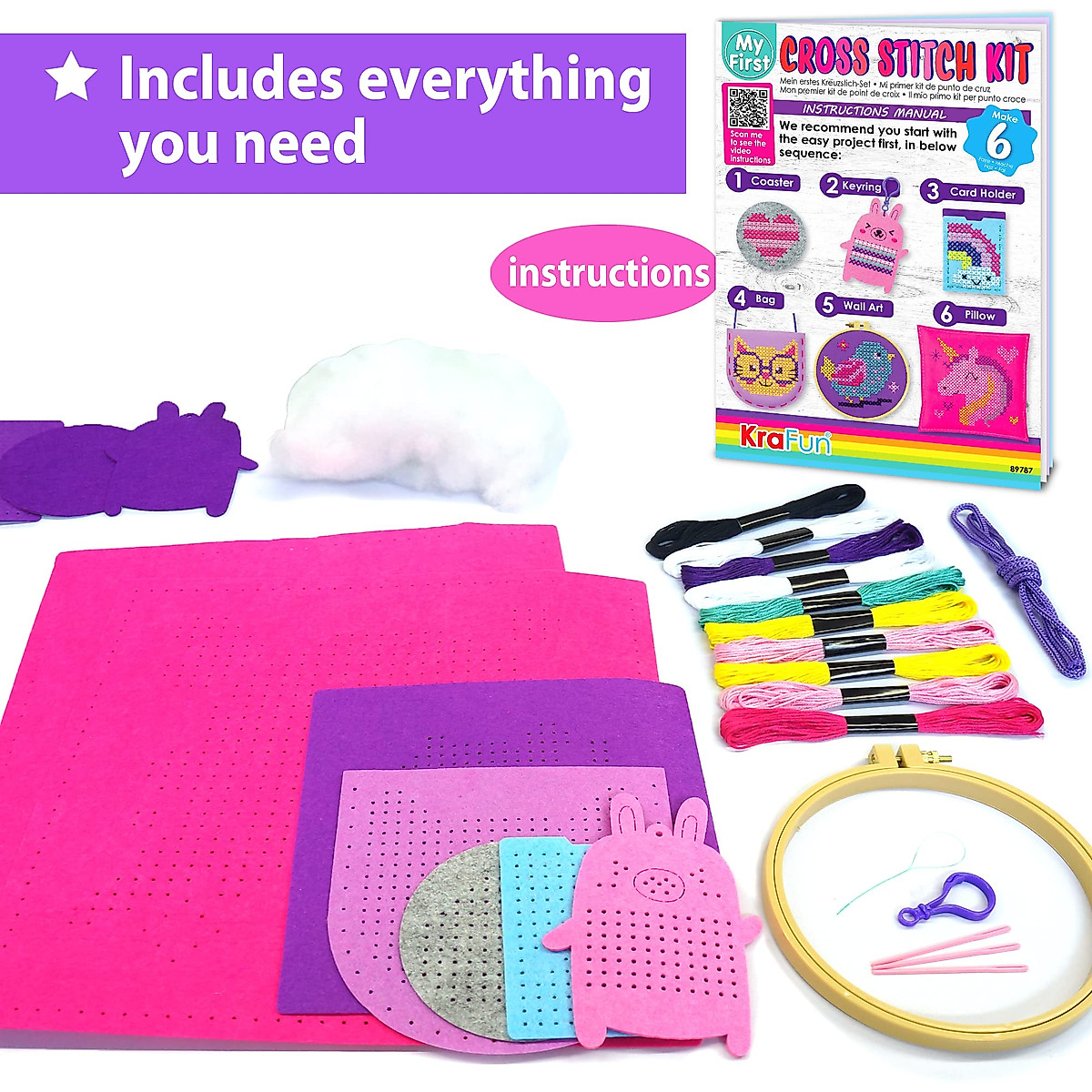 KRAFUN Beginner My First Cross Stitch Kit for Kids Arts & Crafts, 6 Easy Projects of Felt Keyring, Bag, Pillow Craft, Instructions, Gift for Girls and Boys, Learn DIY Crafting, Embroidery