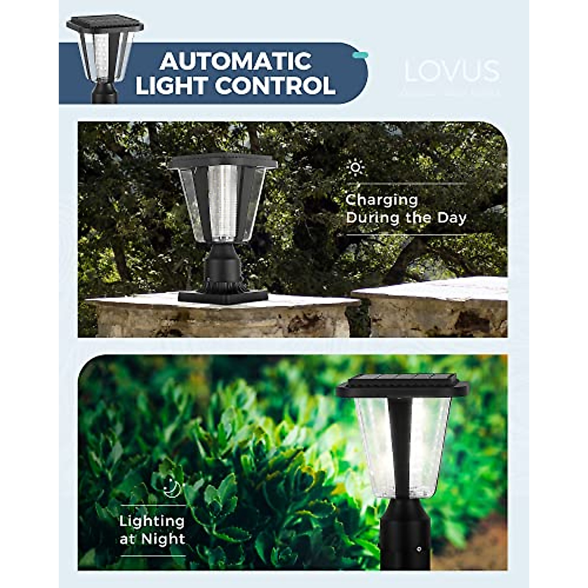 Lovus 2Pack Solar Post Light Fixture, Two Mounting Ways, Pole/Pier Mount 6000k Outdoor Solar Post Lamp Dusk to Dawn for Patio, Garden