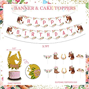 Hombae Horse Party Decorations for Girl, Horse Themed Birthday Backdrop Balloon Garland Artificial Leaves Cutout Happy Birthday Banner Tablecloth Cake Cupcake Topper Floral Horse Pink 126 PCs
