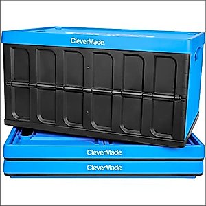 CleverMade 62L Collapsible Storage Bins with Lids - Folding Plastic Stackable Utility Crates, Solid Wall CleverCrates, 3 Pack, Neptune Blue