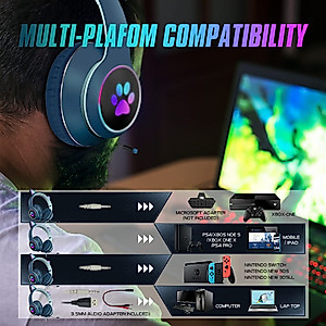 Mokata Gaming Headphone Wired AUX 3.5mm Over Ear Cat LED Light Fit Adult & Kids Foldable Stereo Headset Earmuffs with Microphone for PC PS4 Game Cellphone Laptop Pad H02 Navy Blue