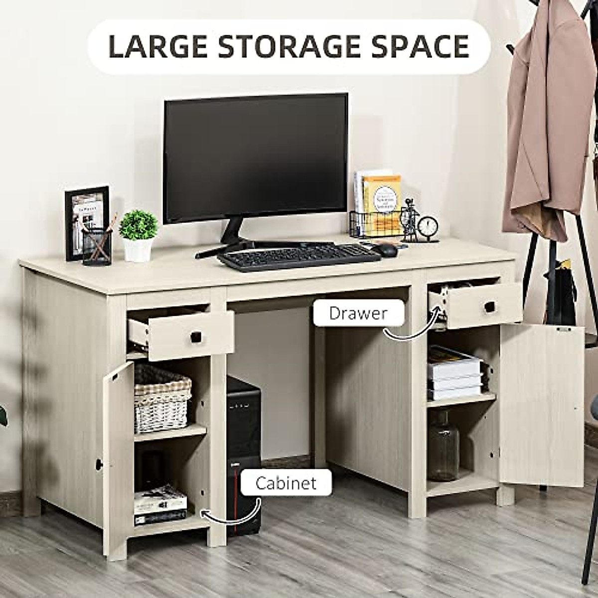 HOMCOM Farm Style Home Office Computer Desk with 2 Drawers, 2 Cabinets with Metal Accent Hardware, Cream White