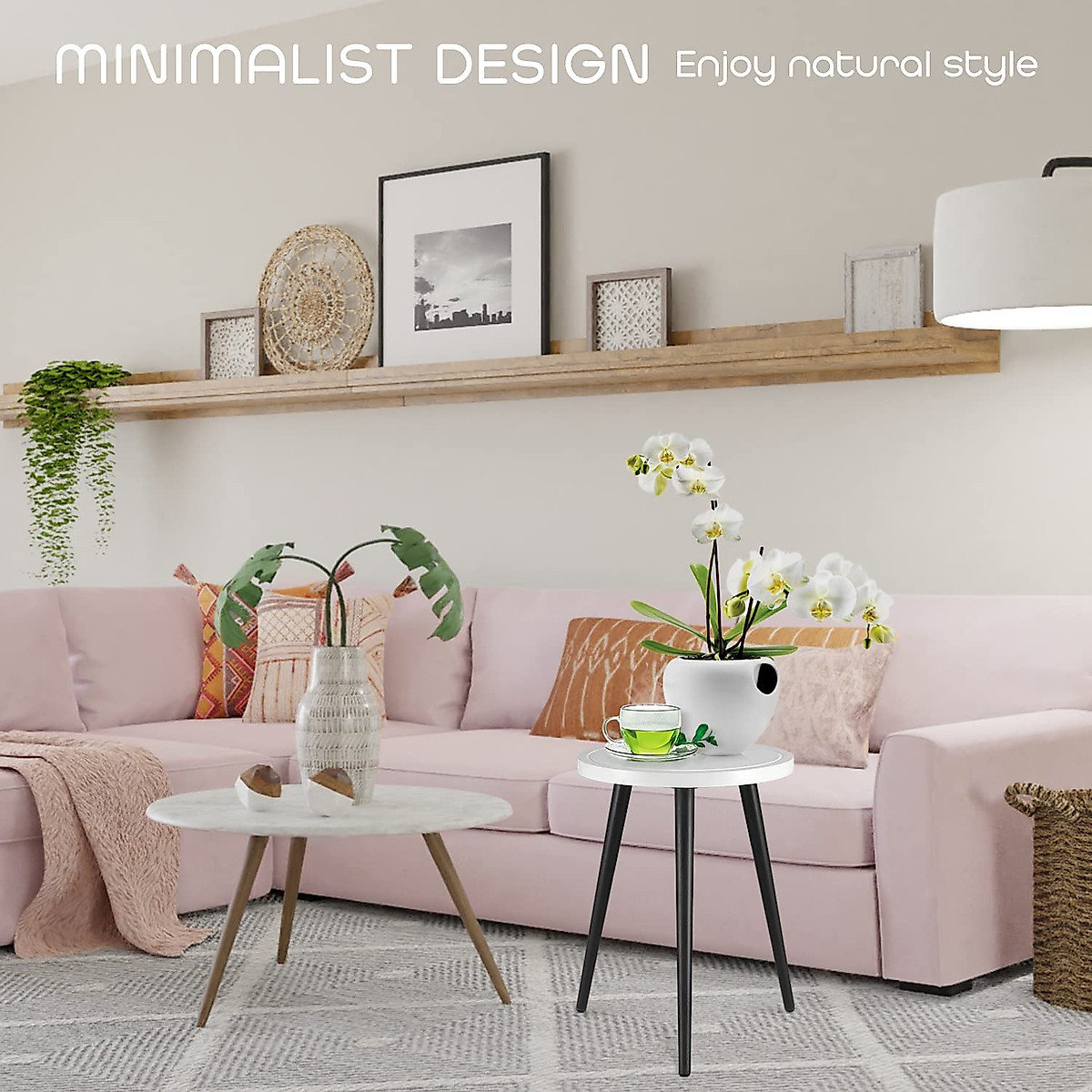 Indoor Plant Stand with Metal Legs, 16" Tall Plant Holder for Flower Pots, Mid Century Wooden Plant Stand Plant Table for Flower Pots, Modern Home Decor Small Round Side End Table (White Set 2)