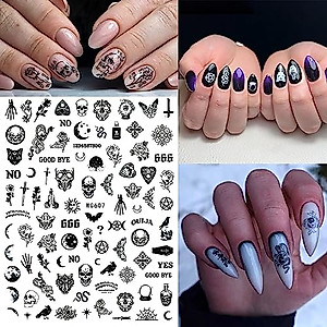 YOSOMK 9 Sheets Halloween Nail Art Stickers Decals Gothic Snake Skeleton Nail Decals 3D Self-Adhesive Nail Art Supplies Letter Heart Sun Moon Design Nail Accessories for Women Manicure Decorations.…