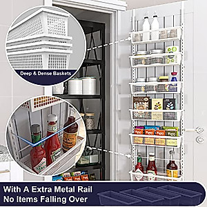 Over the Door Organizer, Adjustable Over Pantry Door Storage with 6 Deep Basket Hanging Over Door Spice Rack Closet Cabinet Door Shelf Organizer for Kitchen Bathroom, Wall Mountable, Modularized Use