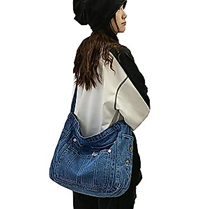 Denim Hobo Bags for Women Retro Jean Shoulder Bag with Embroidery Casual Tote Handbags Multi Pockets Vintage Satchel Bags